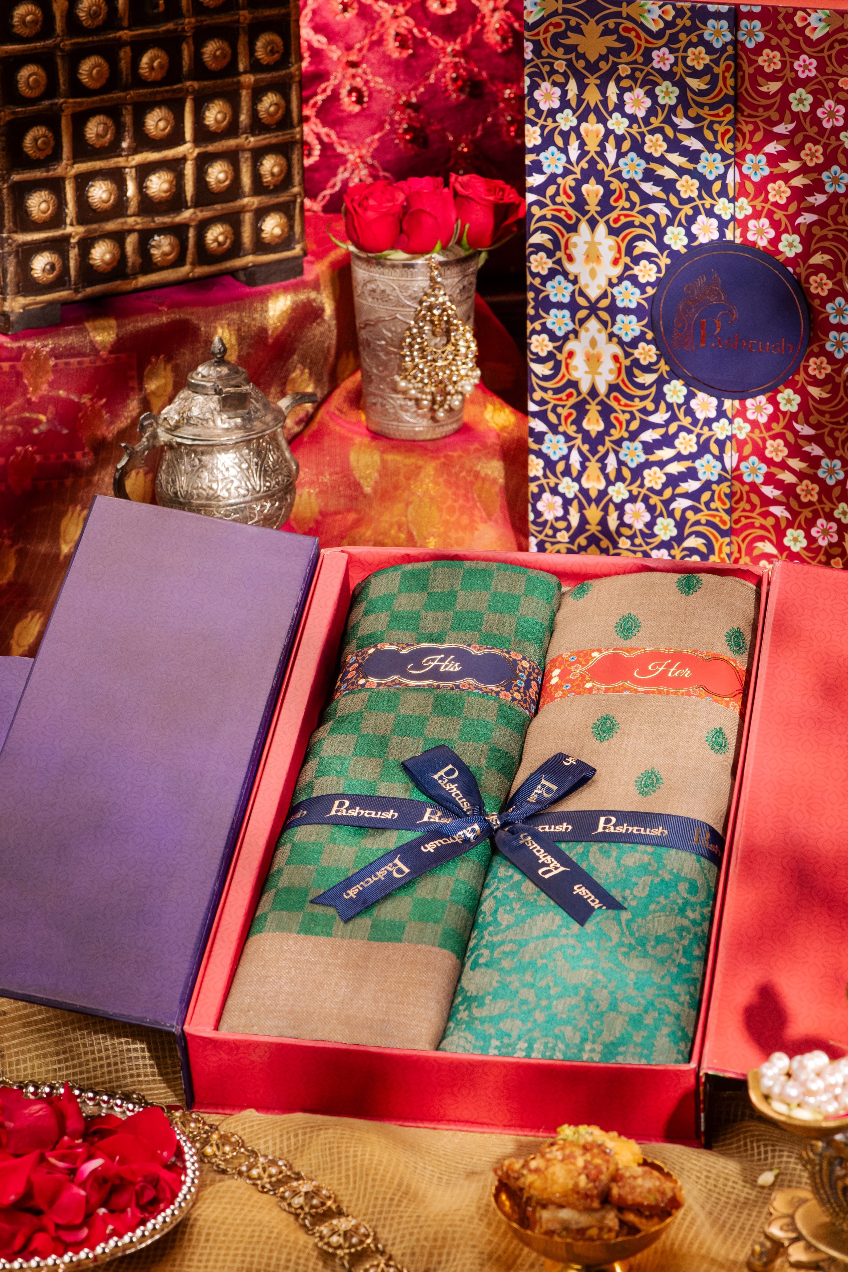 Pashtush His And Her Gift Set Of Checkered Stole And Embroidery Shawl ...