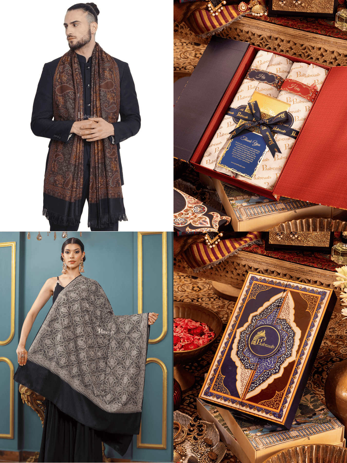 Pashtush His And Her Set Of Jamawar Stole and Womens Extra Fine Wool S ...