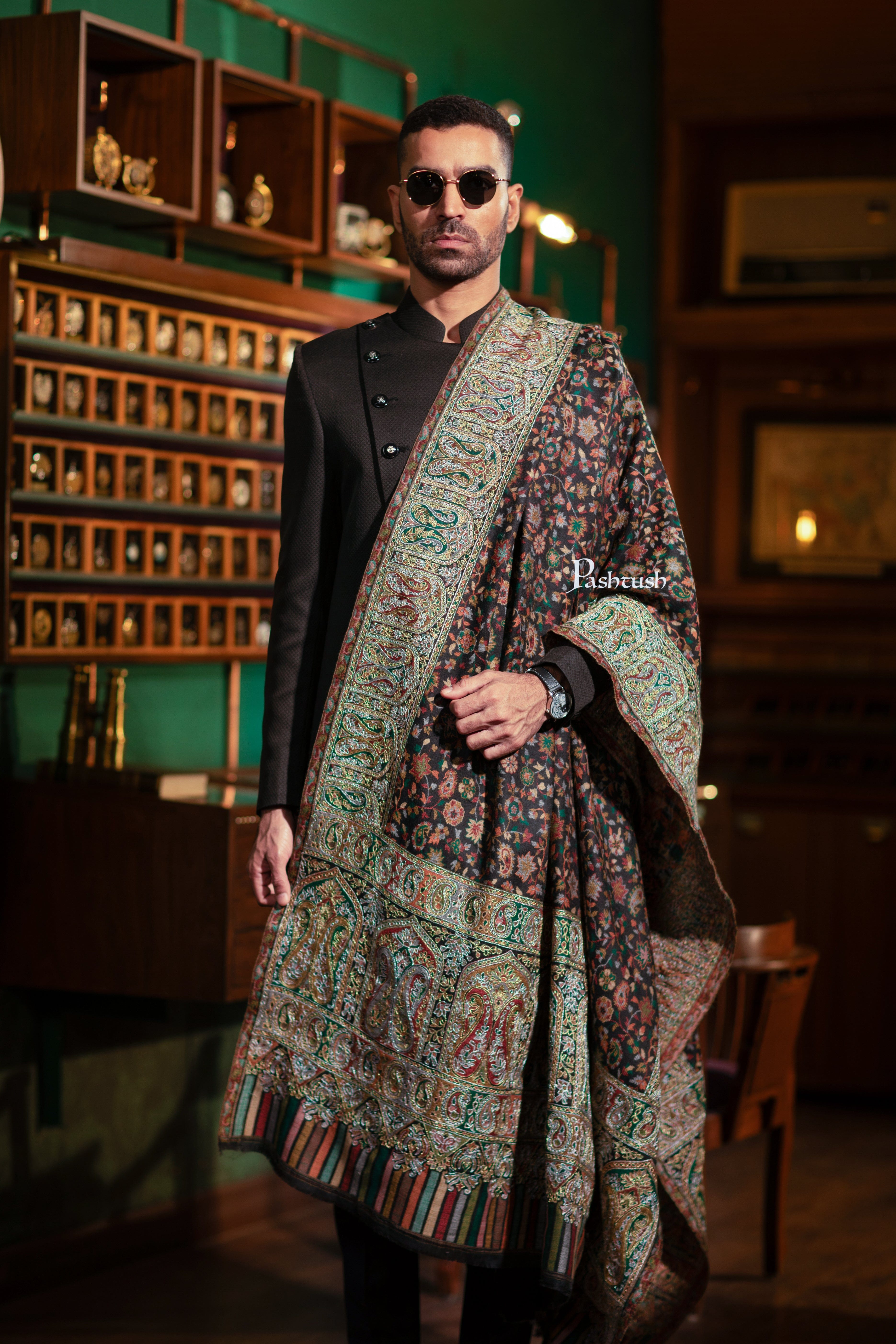 Pashtush Mens Extra Fine Wool Shawl, Nalki Hand Embroidery Design, Bla ...