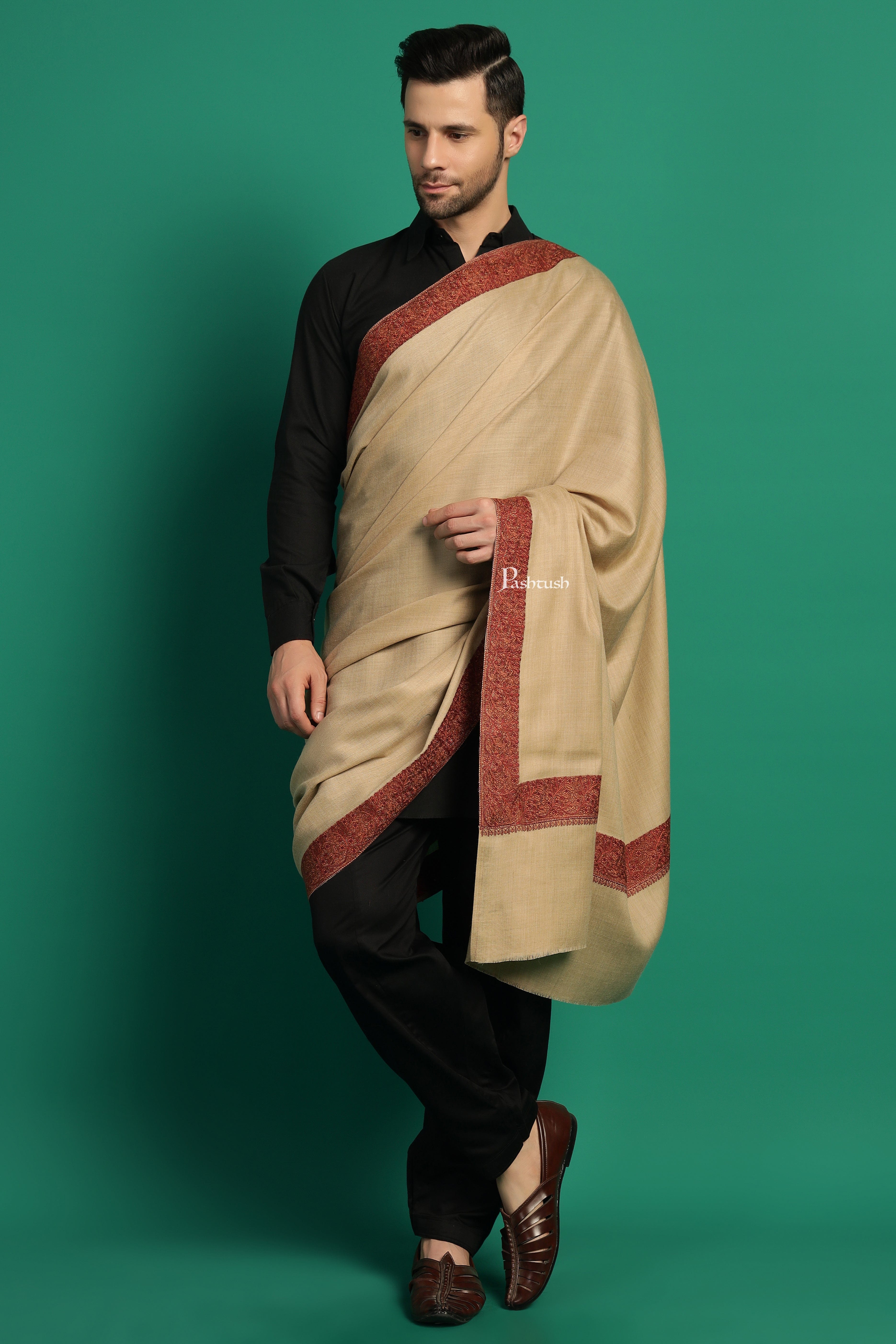 Pashtush Mens Fine Wool Shawl, Double Daur Challa Design, Taupe ...