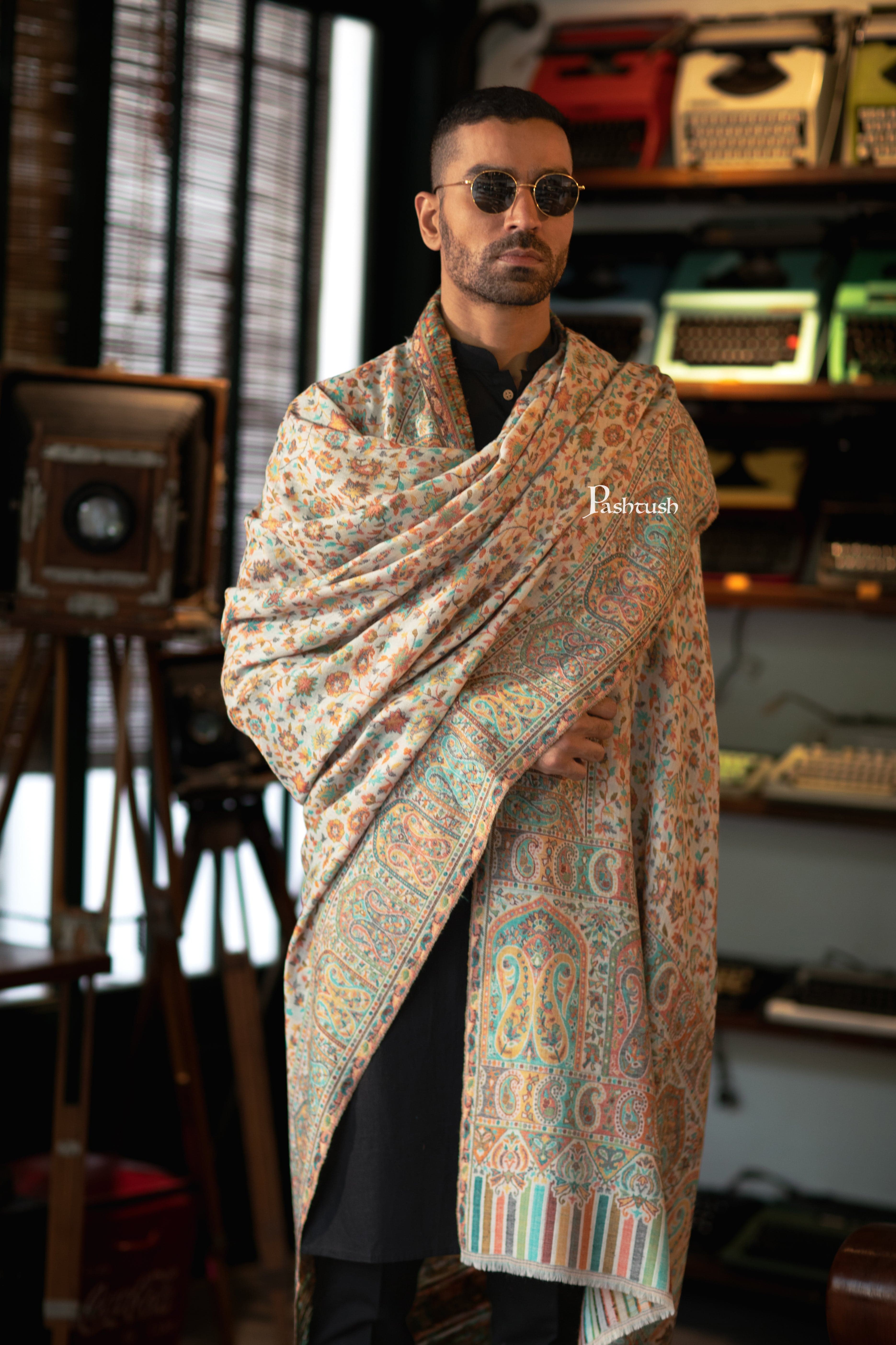 Pashtush Mens Fine Wool Shawl, Ethnic Weave, Full Size, Ivory ...