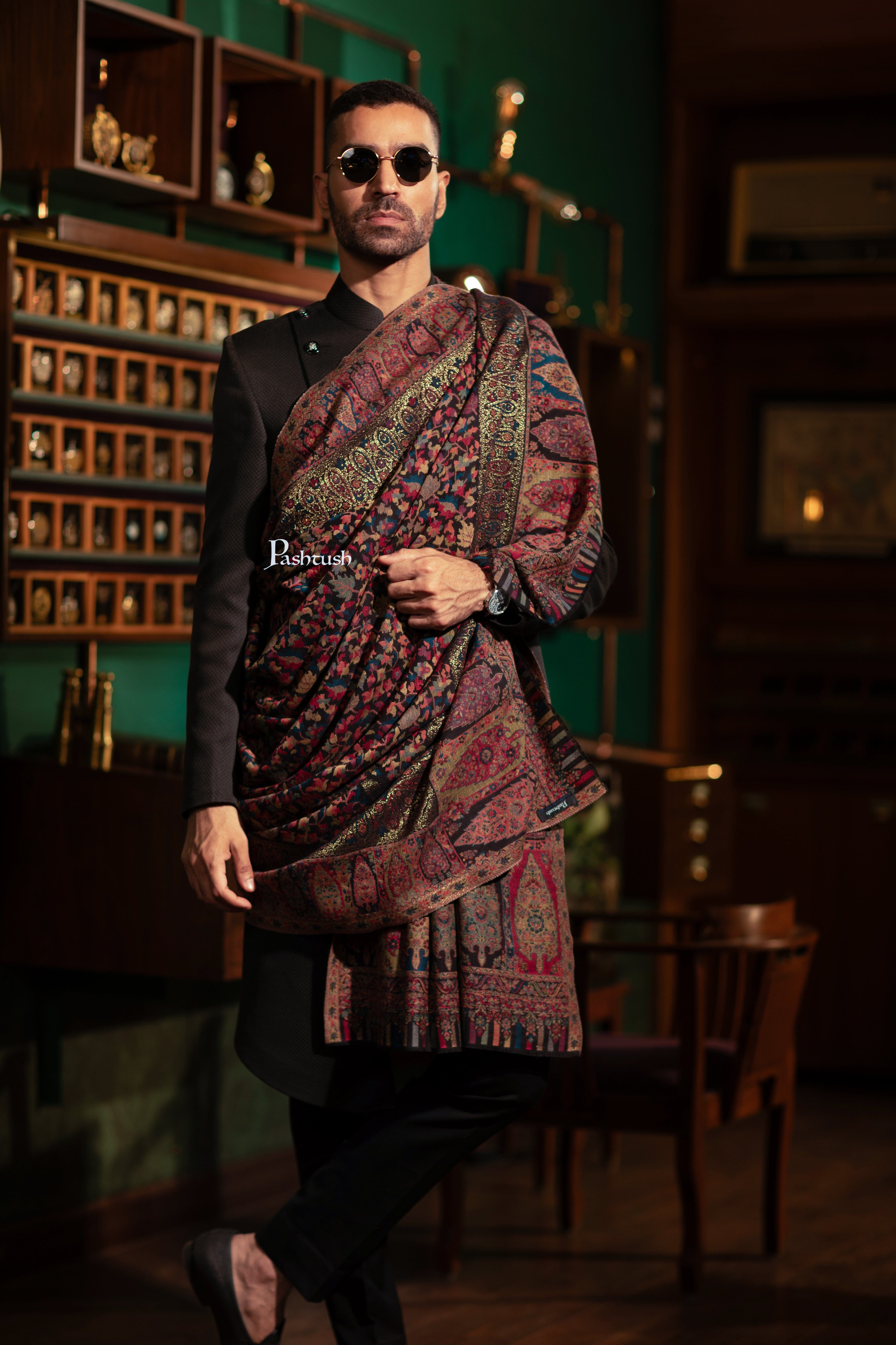 Pashtush Mens Fine Wool Shawl, With Metallic Weave Border Design, Blac ...