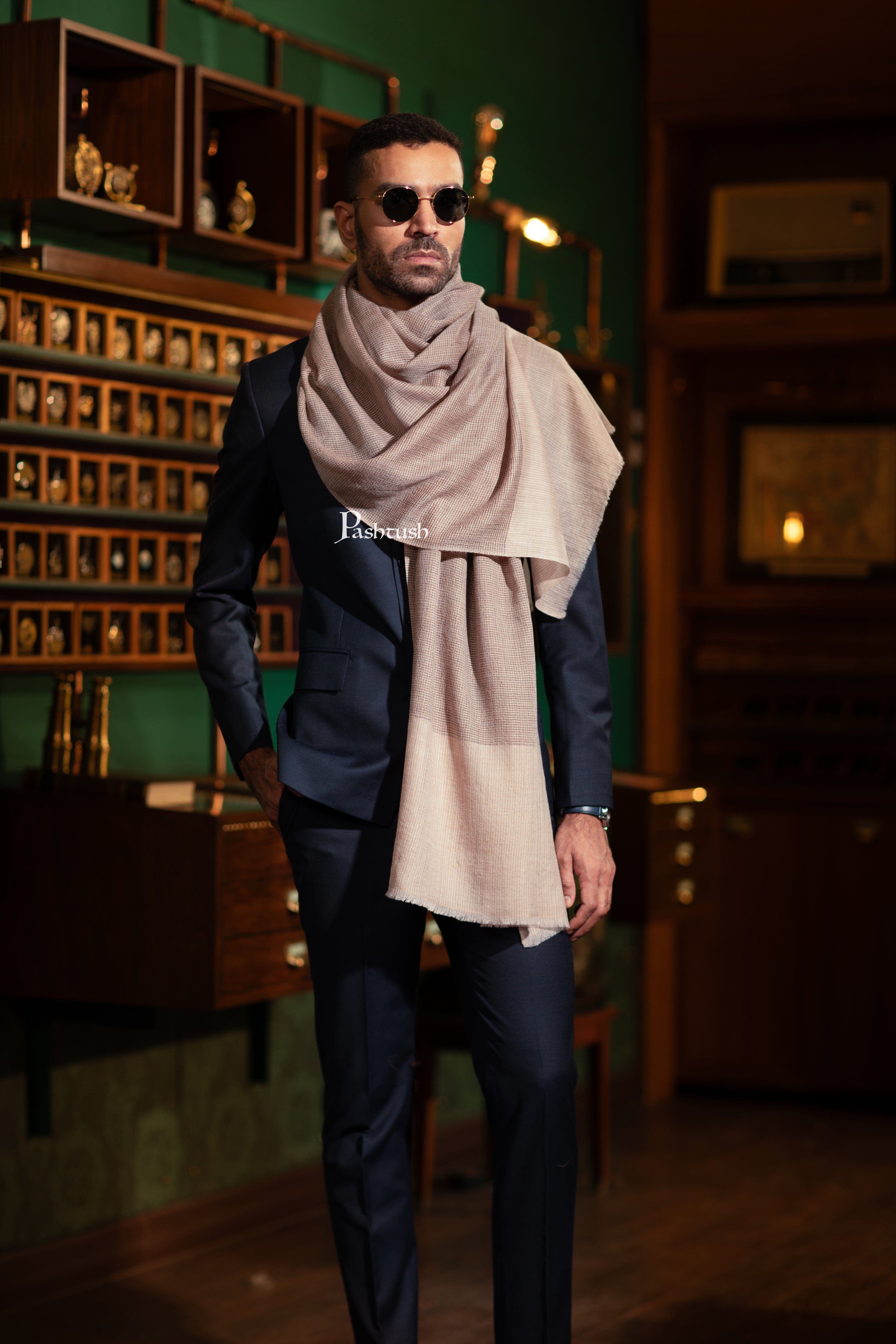 Pashtush Mens Stole, Extra Fine Silk Wool , Houndstooth Weave, Sahara ...