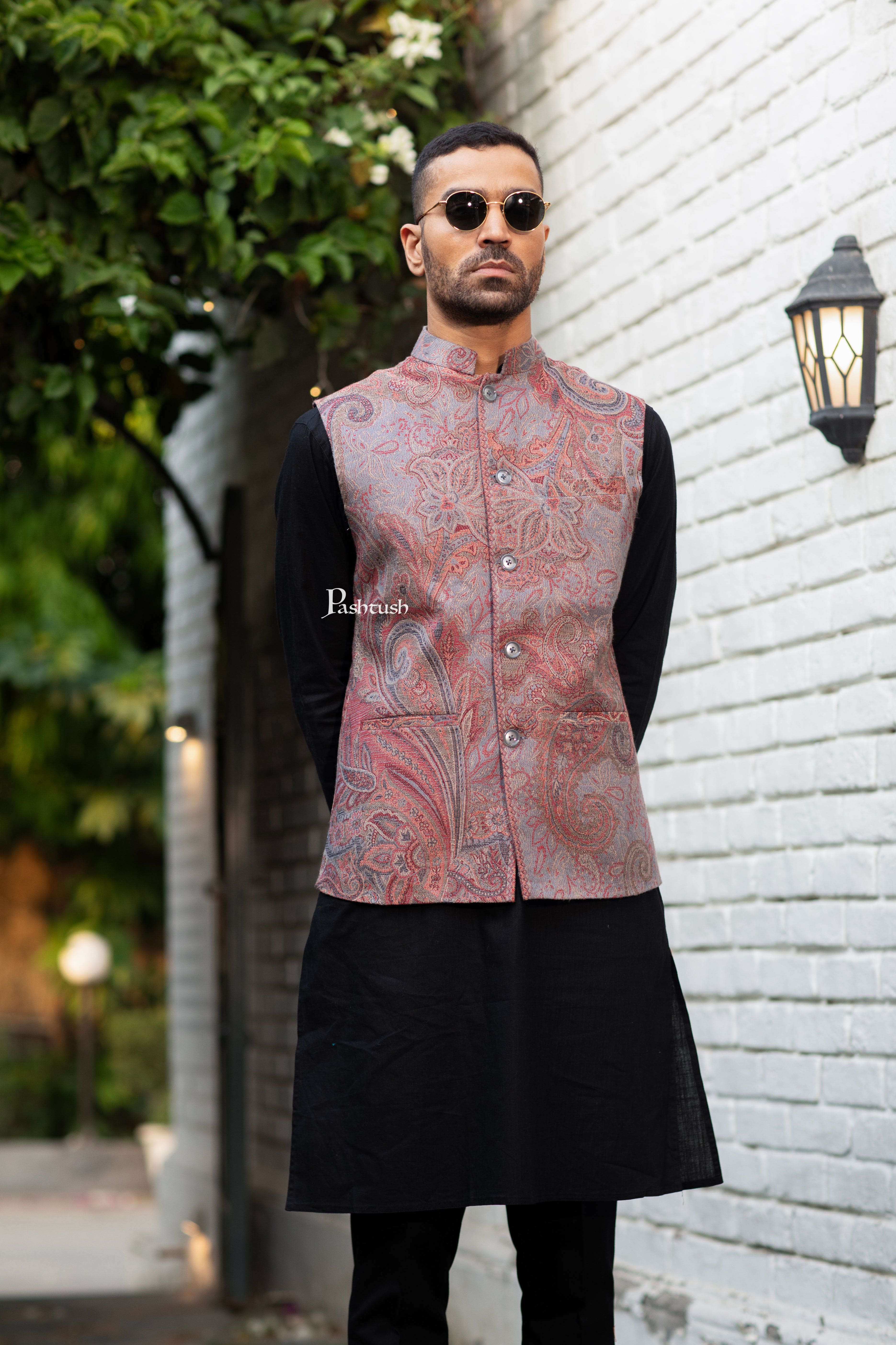 Pashtush Mens Woven Jacquard Structured Waistcoat, Slim Fit, Melange G ...