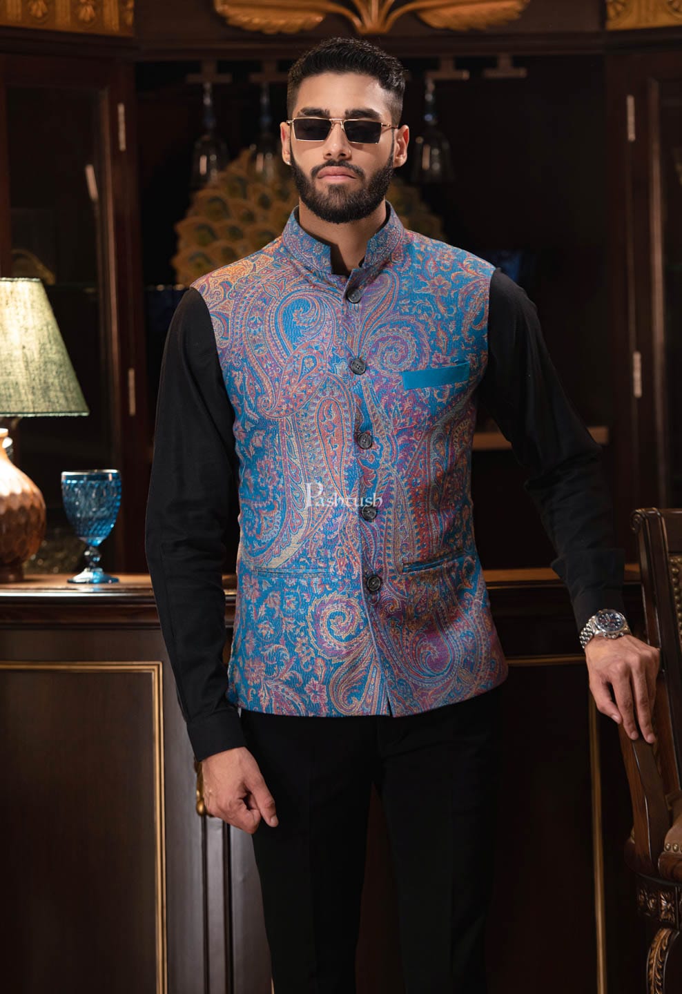 PASHTUSH MENS WOVEN JACQUARD WAISTCOAT, Structured SLIM FIT, Saphire b ...