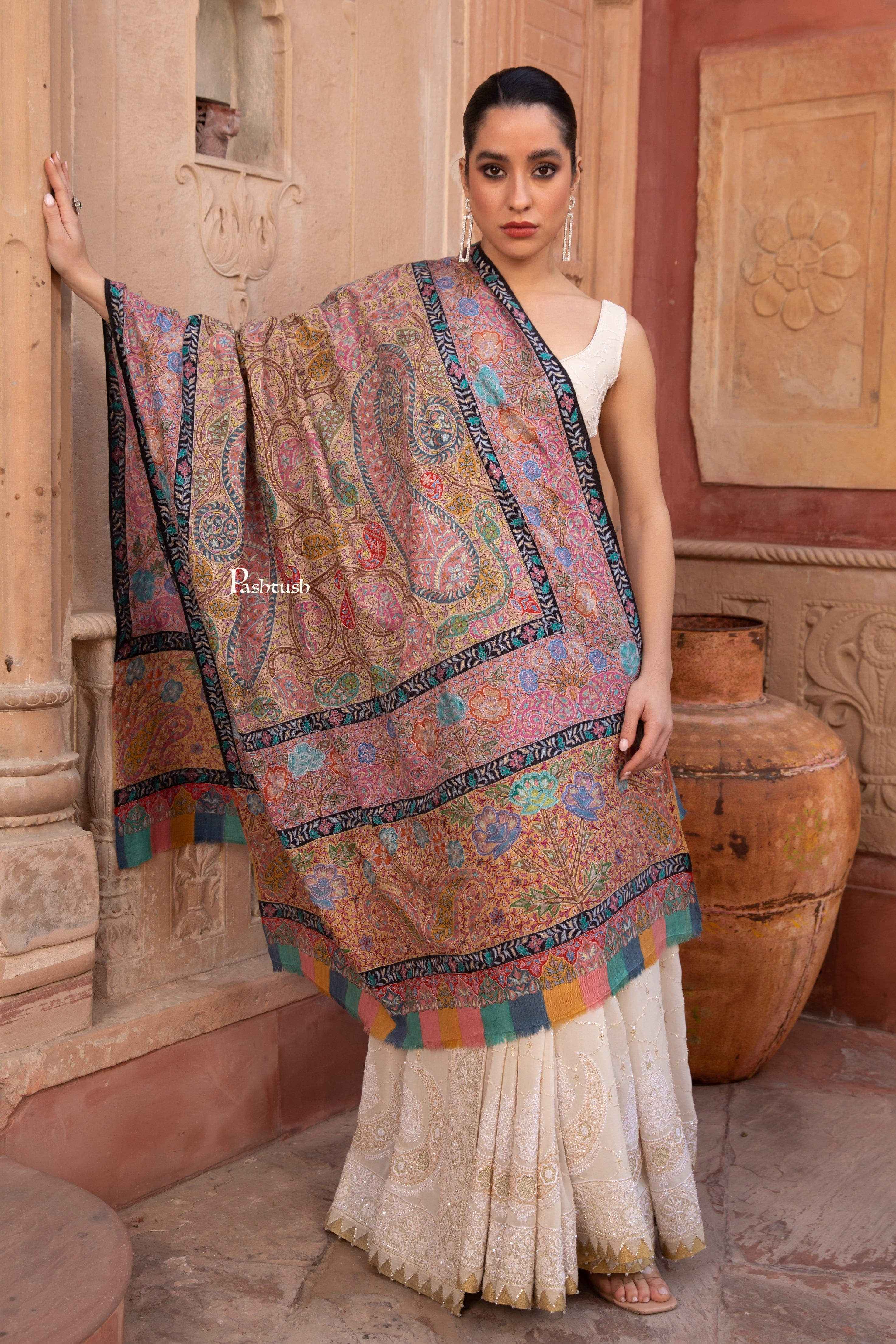 Pashtush Pashmina Kalamkari Shawl, Pastel Hues, With Hand Painting and ...