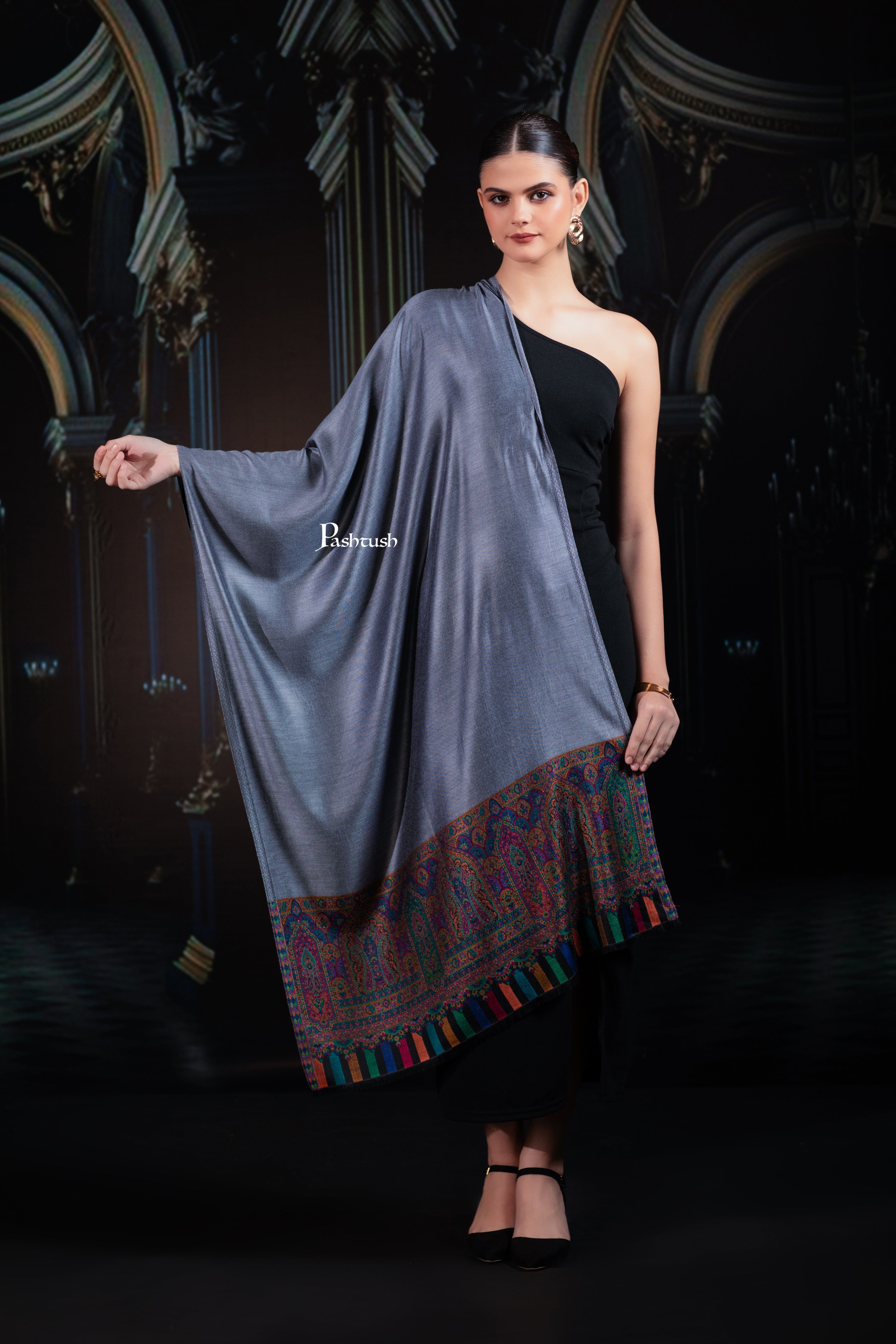 Pashtush Womens Bamboo Stole, Royal Darbar Palla Design, Slate ...