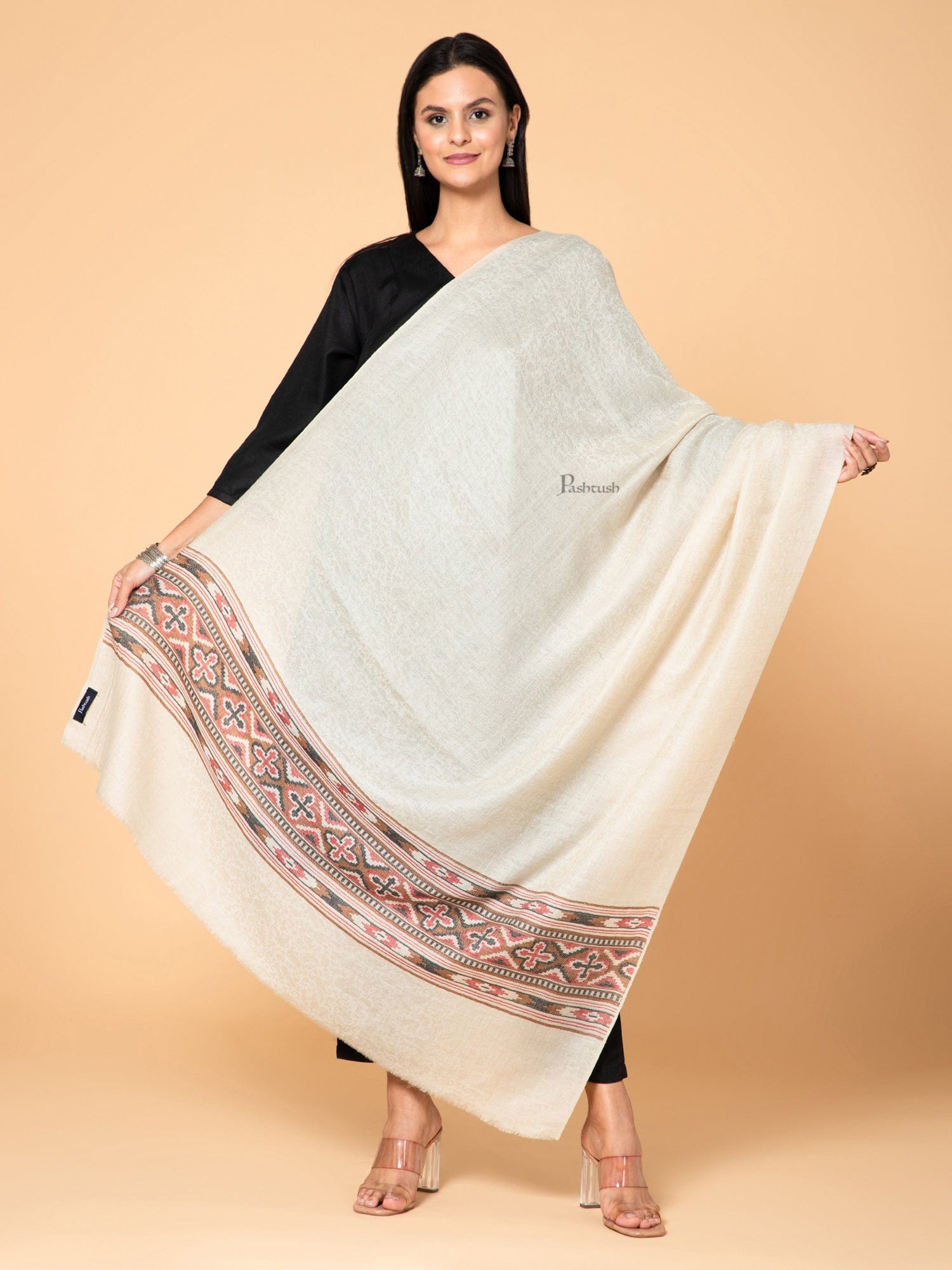 Pashtush Womens Extra Fine Wool Shawl, Aztec Weave Design, Beige ...