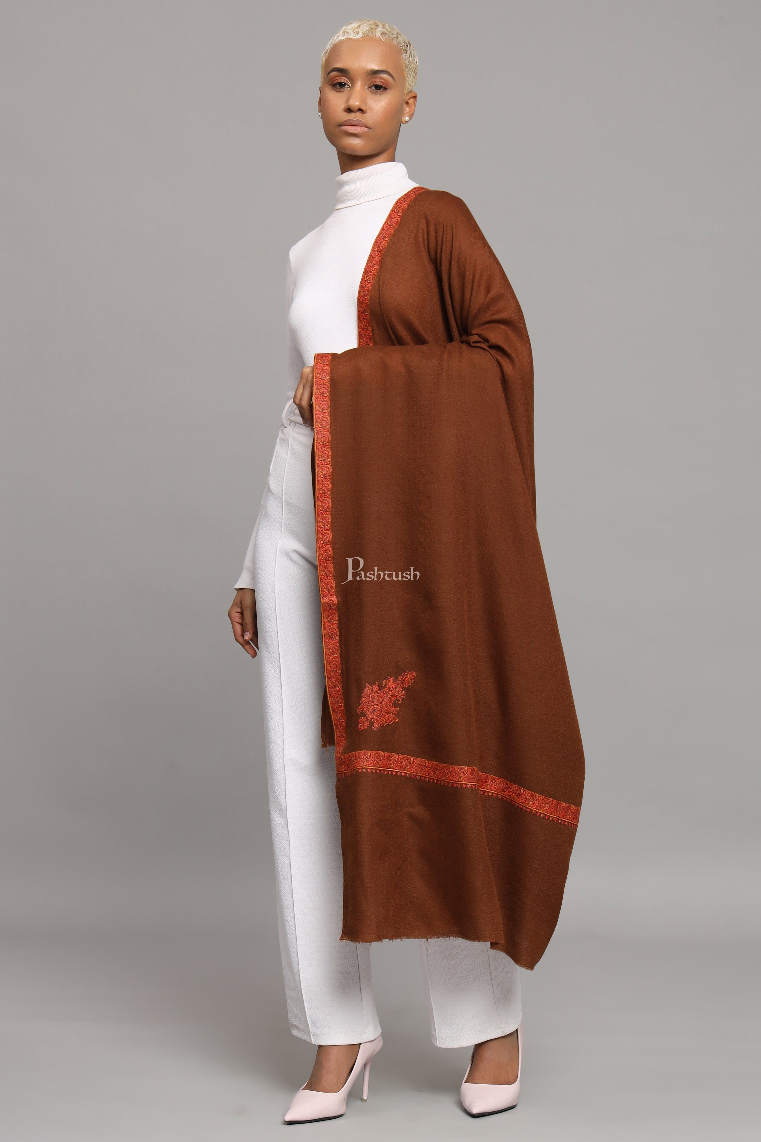 Pashtush Womens Extra Fine Wool Shawl, Kashmiri Embroidery, Kingri Des ...