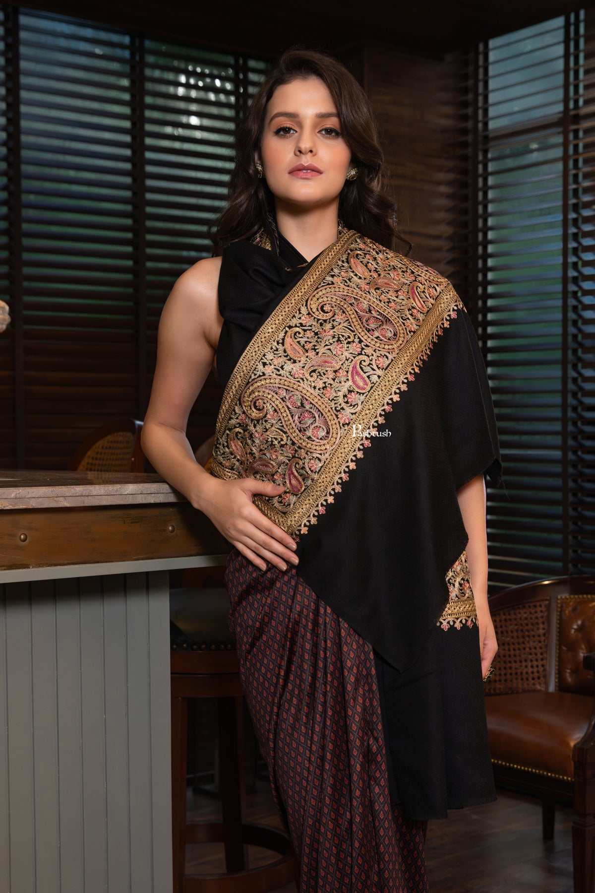Pashtush Womens Extra Fine Wool Shawl, Nalki Embroidery Design, Black ...