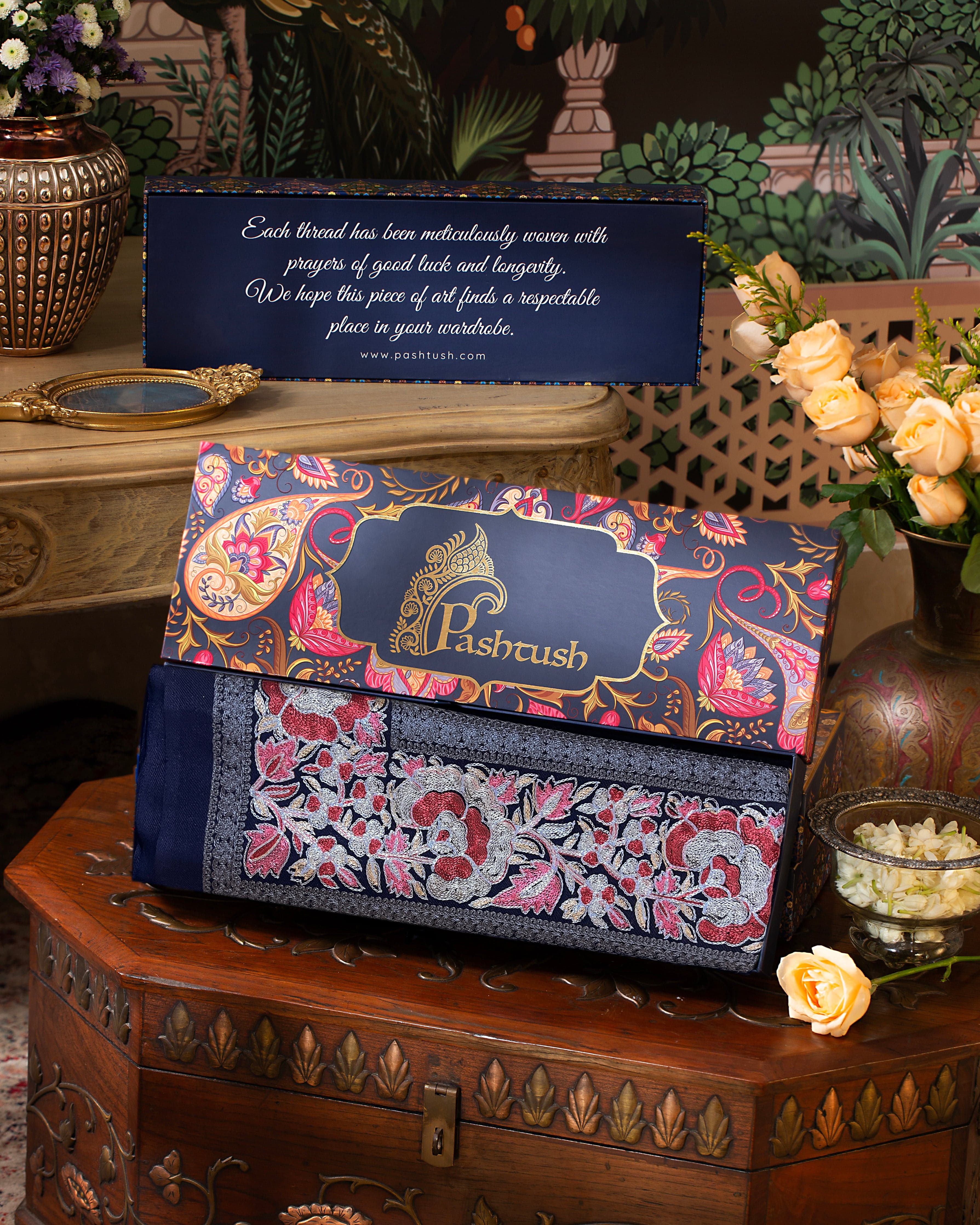 Pashtush Womens Extra Fine Wool Stole, Nalki Embroidery Design, Blue ...