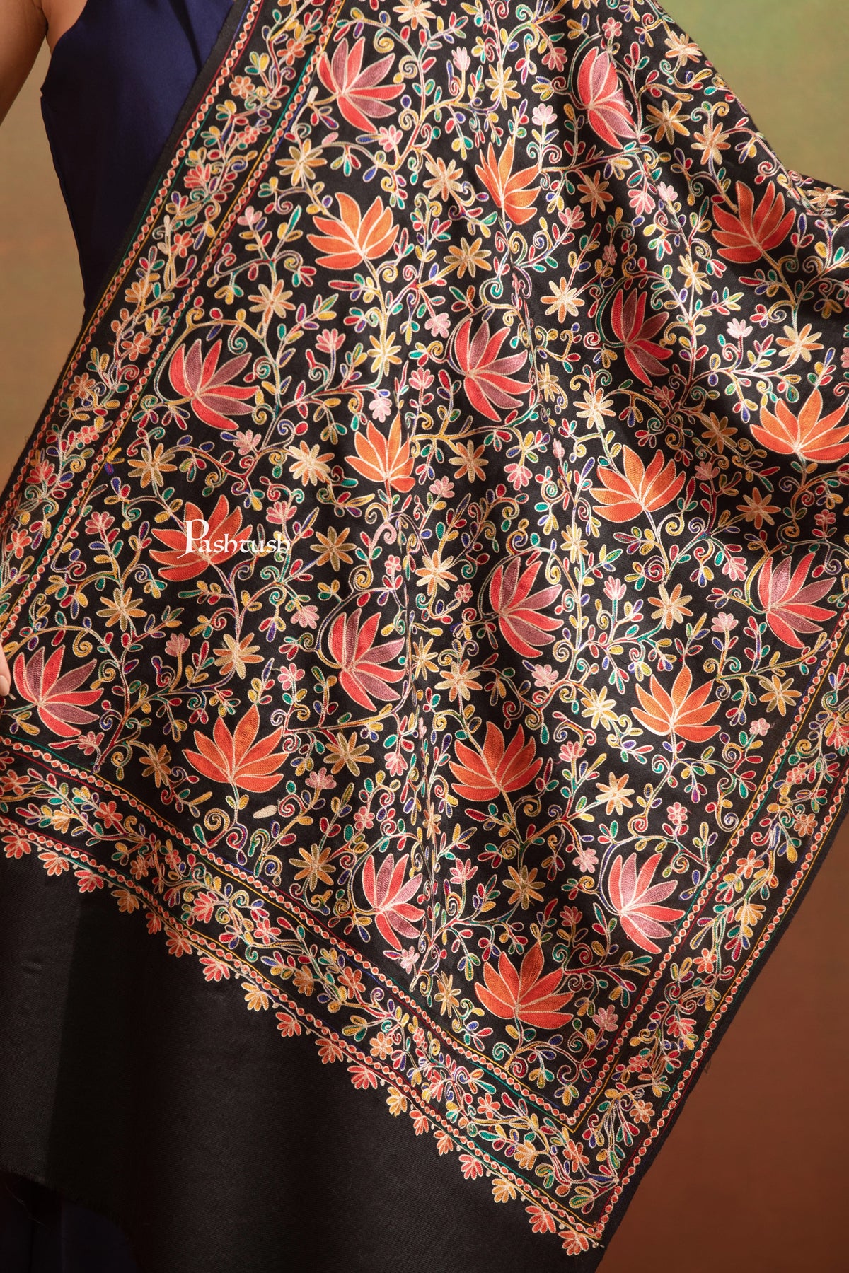 Pashtush Womens Extra Fine Wool Stole, Nalki Hand Embroidered Jaal Des ...