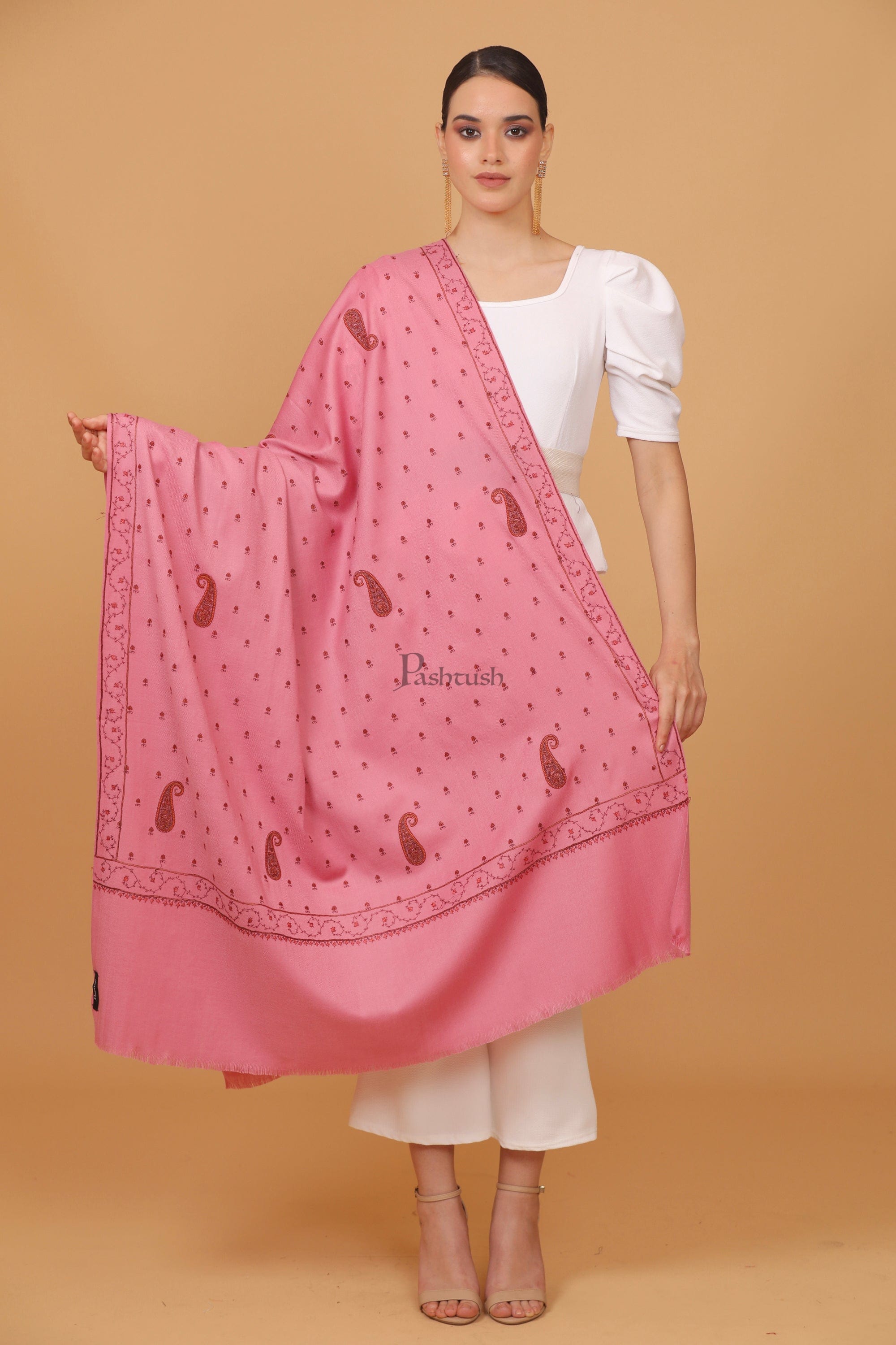 Pashtush womens Fine Wool shawl, booti embroidery design, Pink ...