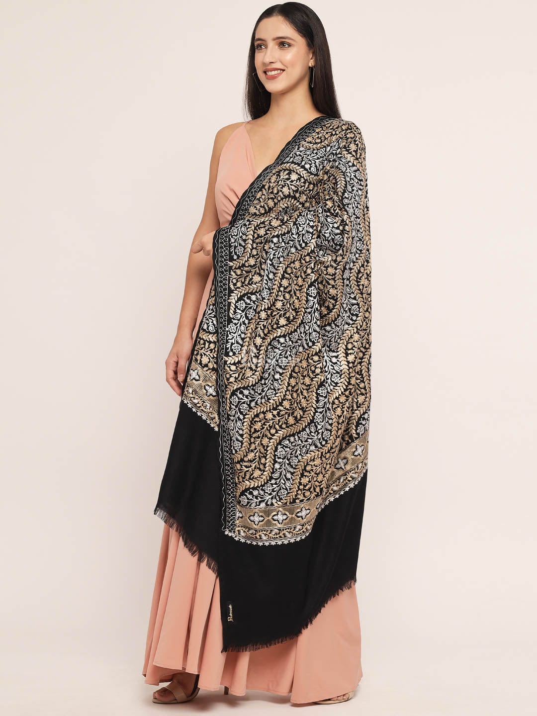 Pashtush womens Fine Wool shawl, nalki embroidery design, Black ...
