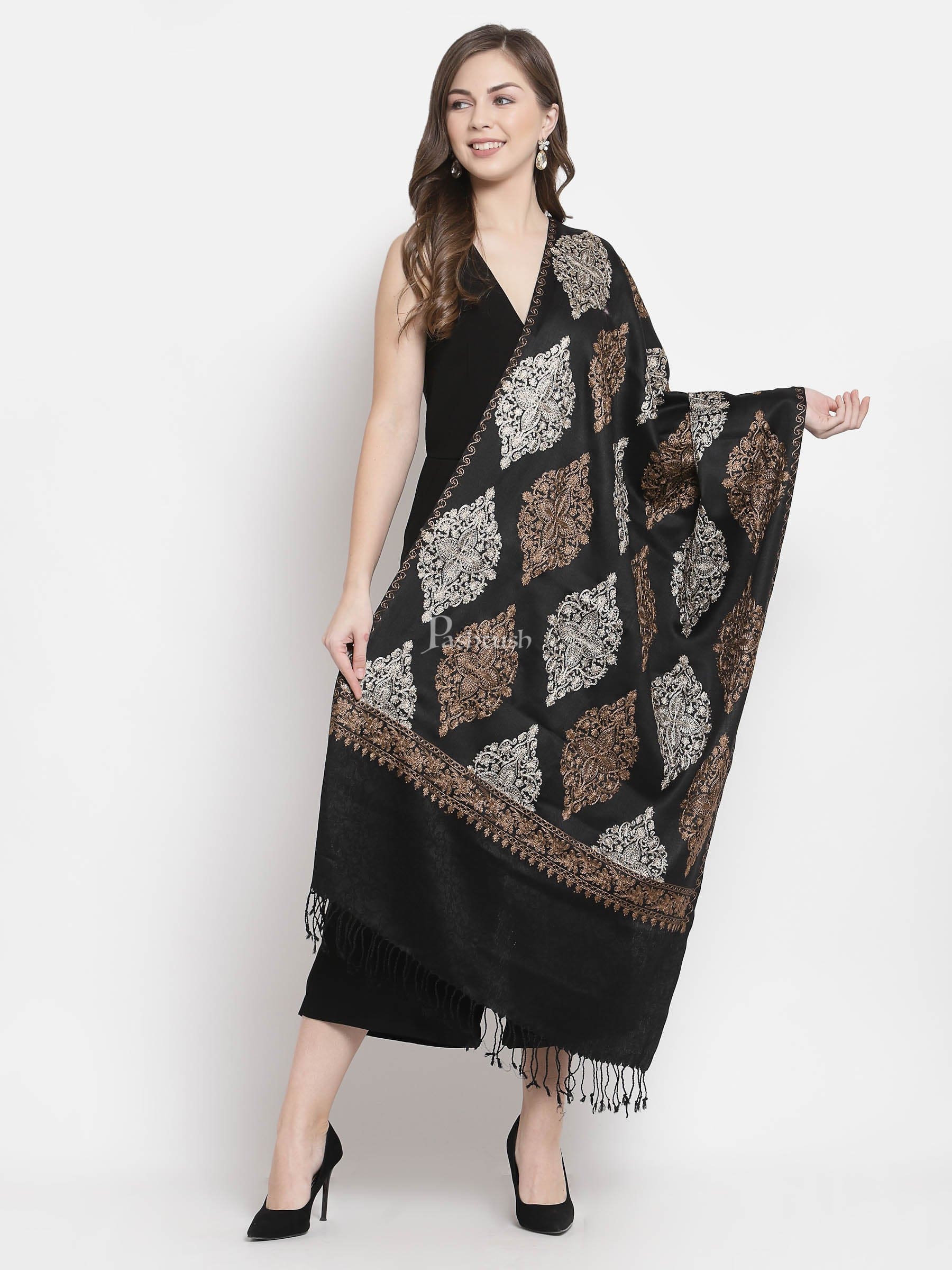 Pashtush Womens Fine Wool, Silky Nalki Embroidery Needlework Stole, Bl ...