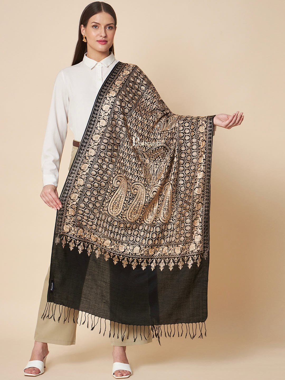 Pashtush Womens Fine Wool Stole, Golden Nalki Threadwork Design, Black ...