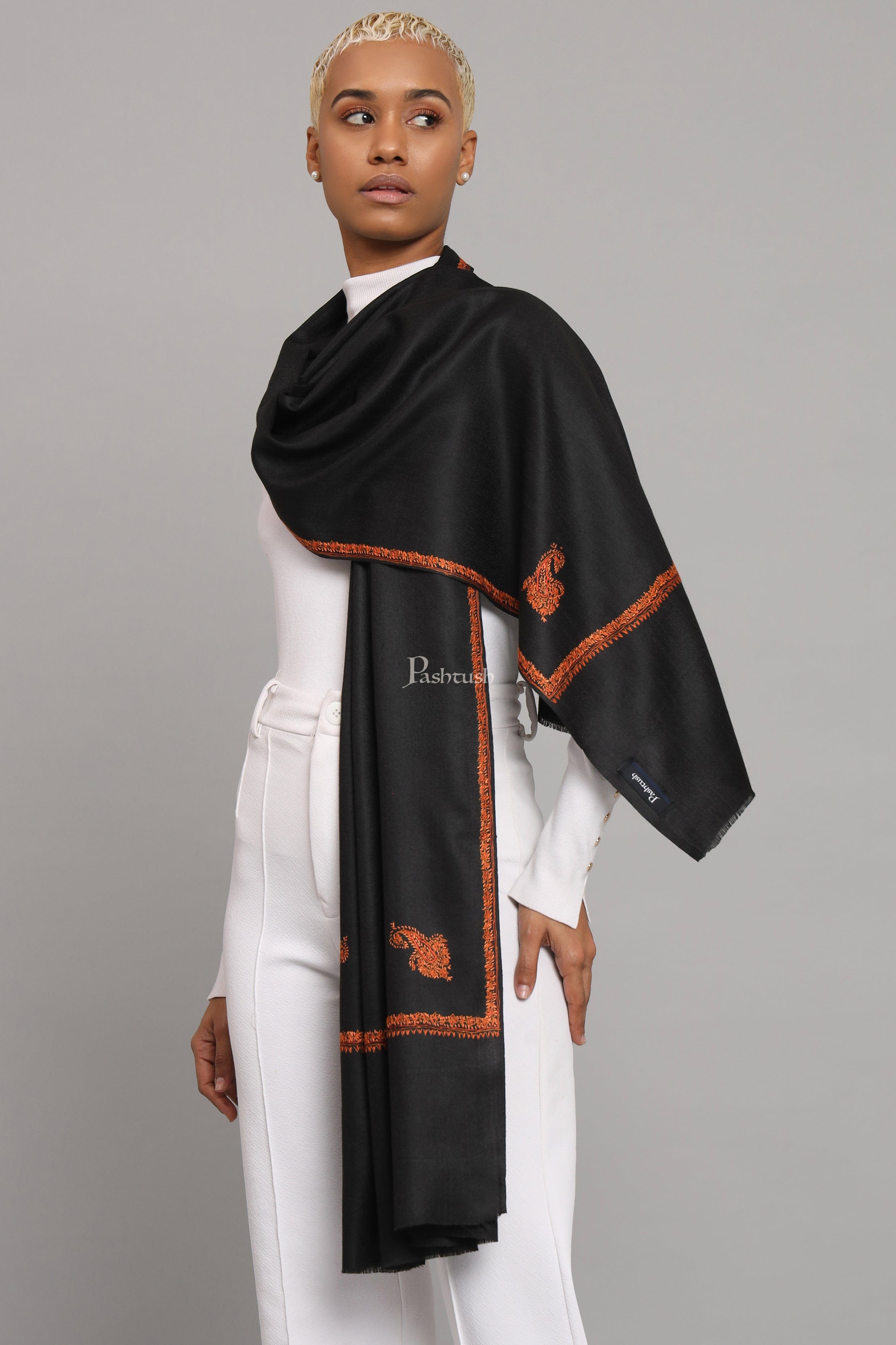 Pashtush Womens Fine Wool Stole, Kashmiri Hand Embroidery, Kingri Desi ...