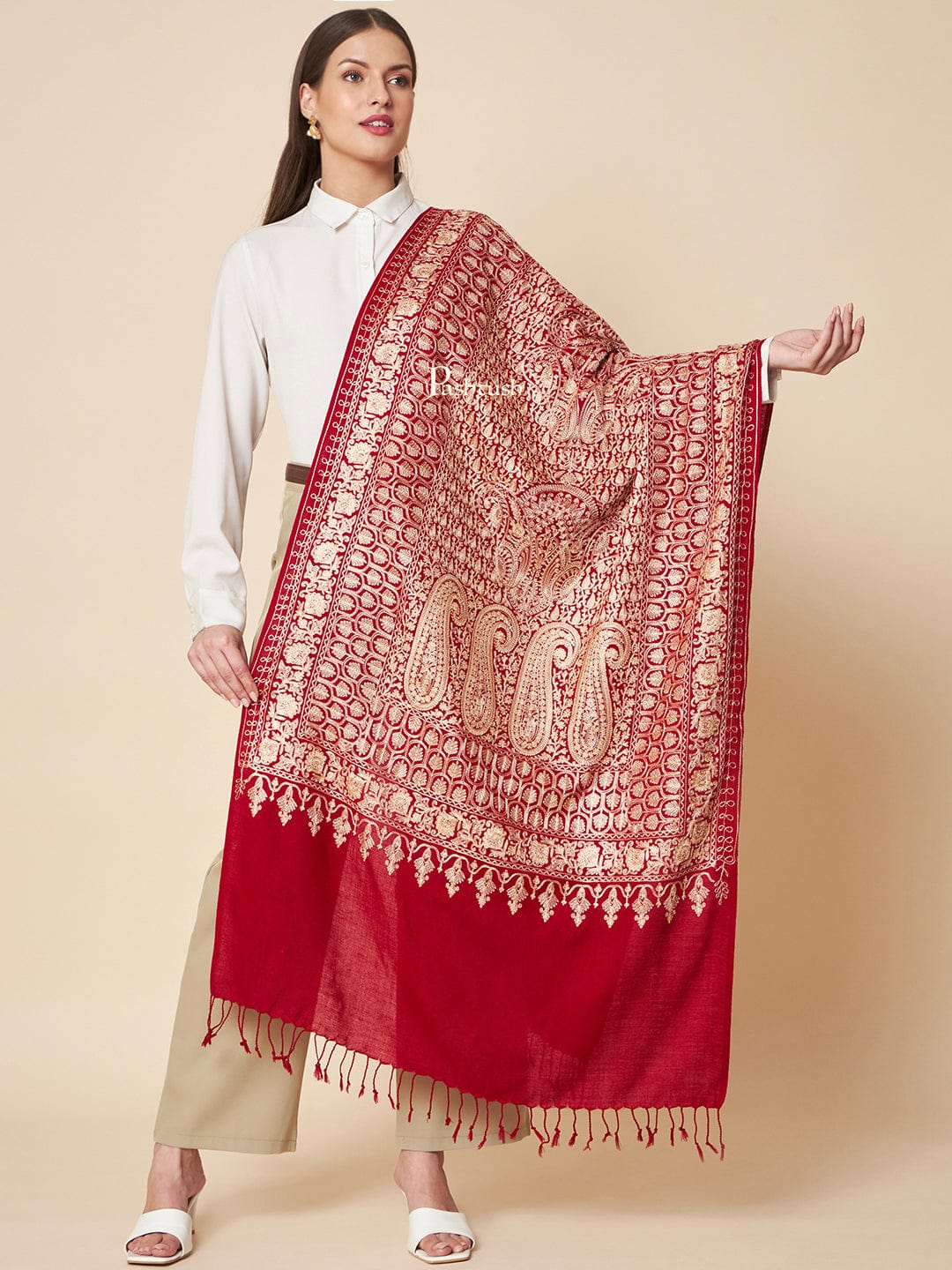 Pashtush Womens Fine Wool Stole, Nalki Embroidery With Paisleys Design ...