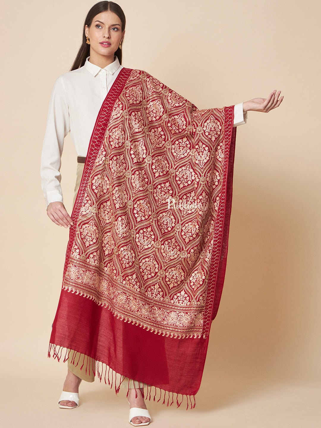 Pashtush Womens Fine Wool Stole, Tonal Nalki Embroidery Design, Maroon ...