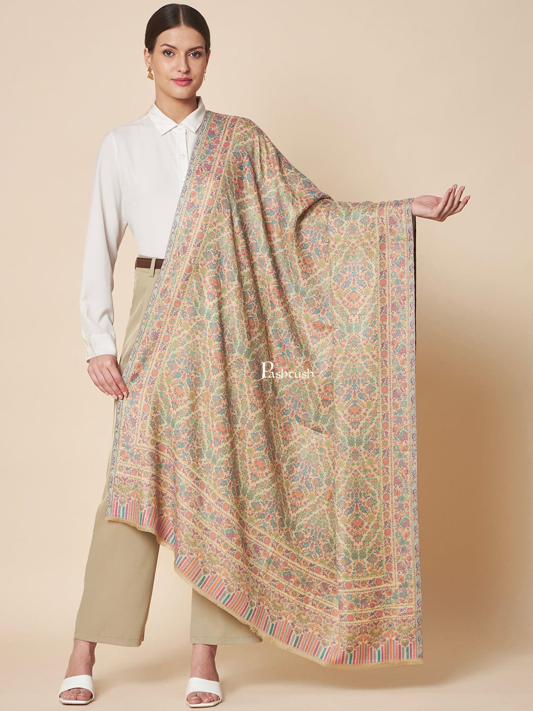 Pashtush Womens Wool Extra Fine Count Shawl, Ethnic Antique Design, Ye ...