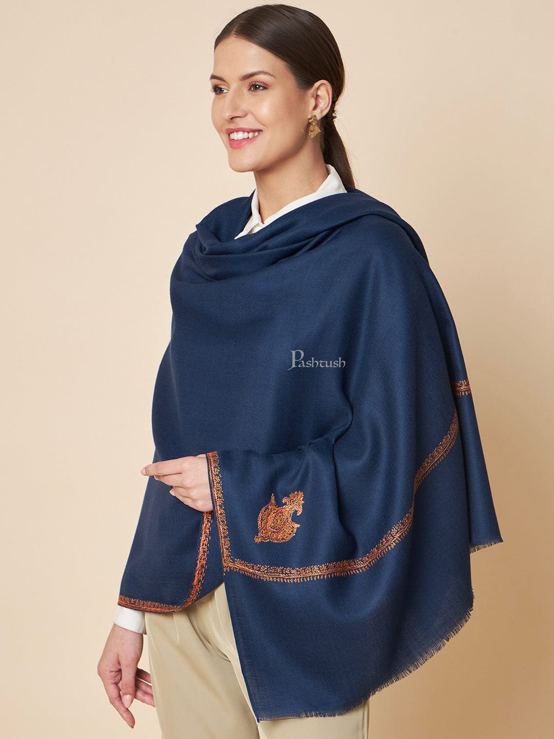 Pashtush Womens Woollen Shawl, Kingri Hand Embroidery Design, Deep Blu ...