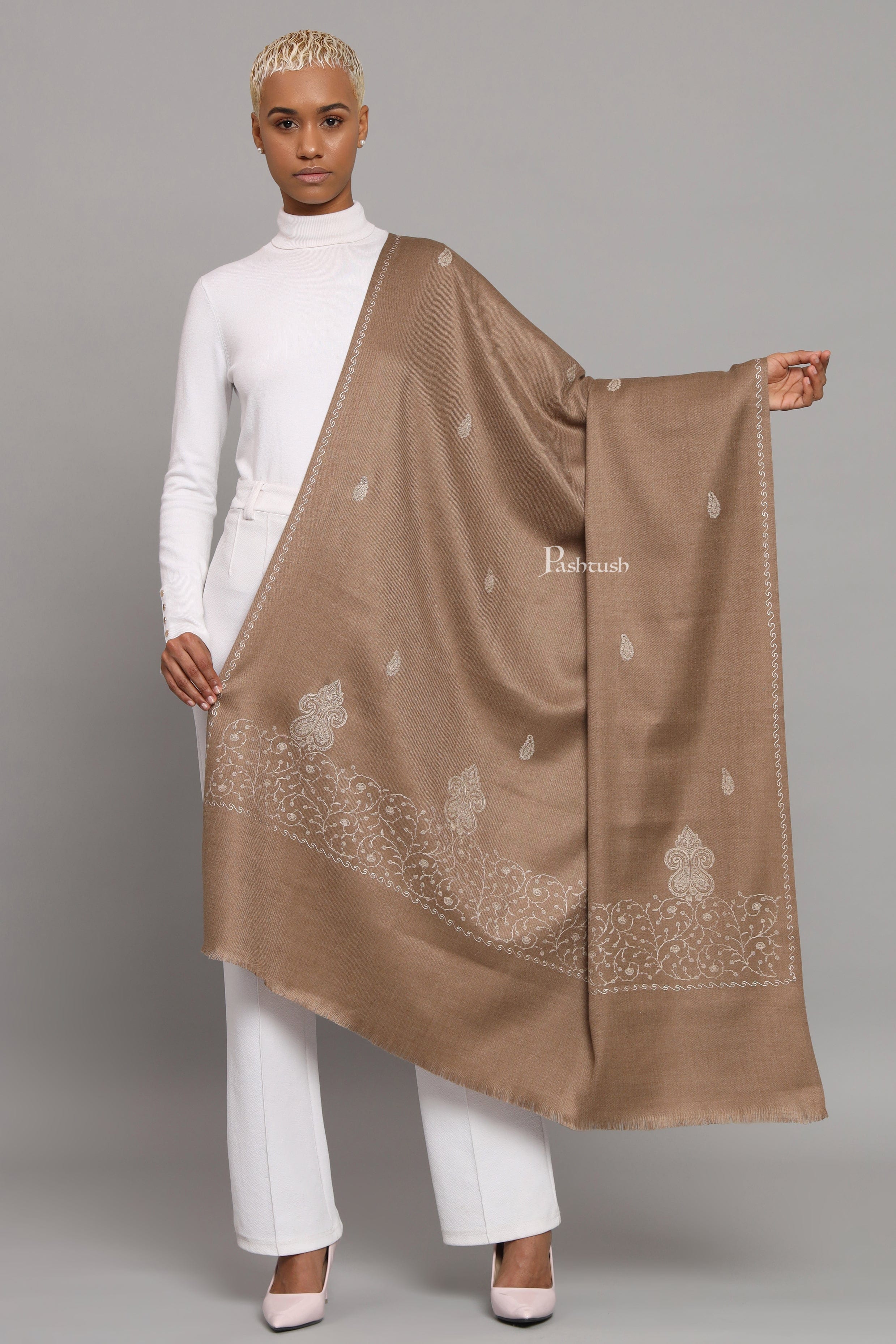 Pashtush Womens Woollen Shawl, Thick And Warm, Tone And Tone Palla Emb ...