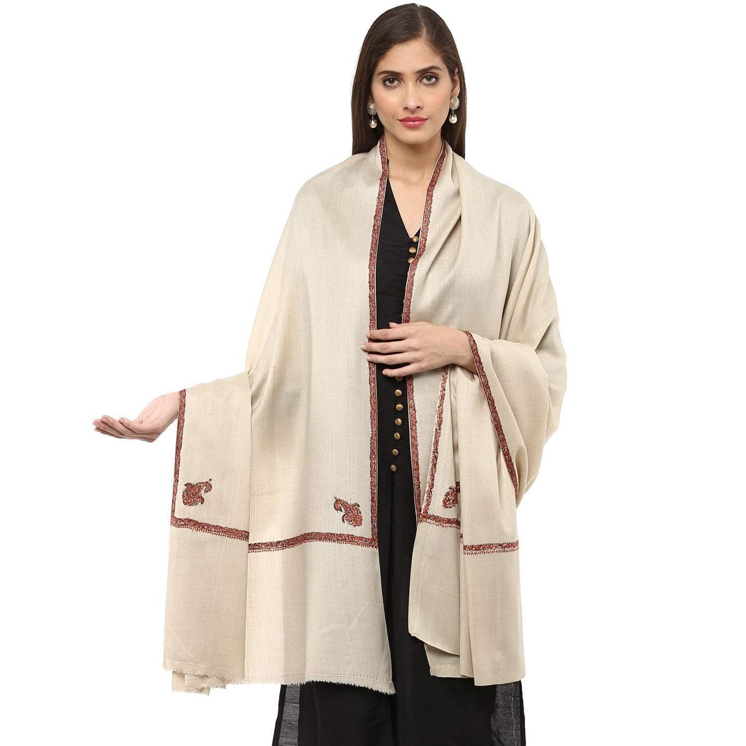 Pashtush Women 100% Hand Embroidery Woollen Shawl, Beige – Pashtush Global