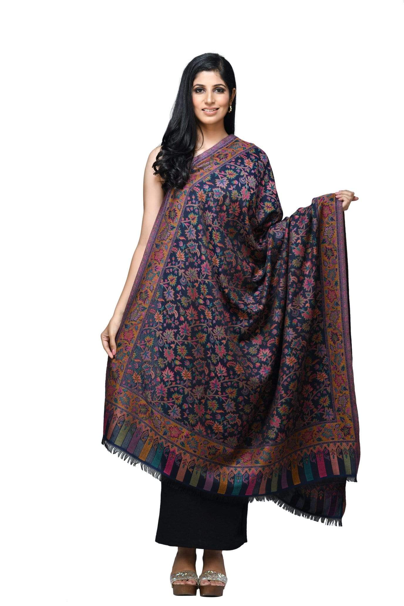 Pashwool Womens Kaani Design Shawl, Light Weight, Soft And Warm , Navy ...